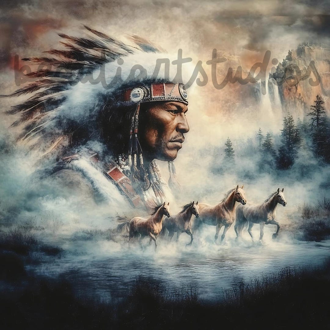 Native American Indian Chief Horses Nature Scene PNG File Crafting ...