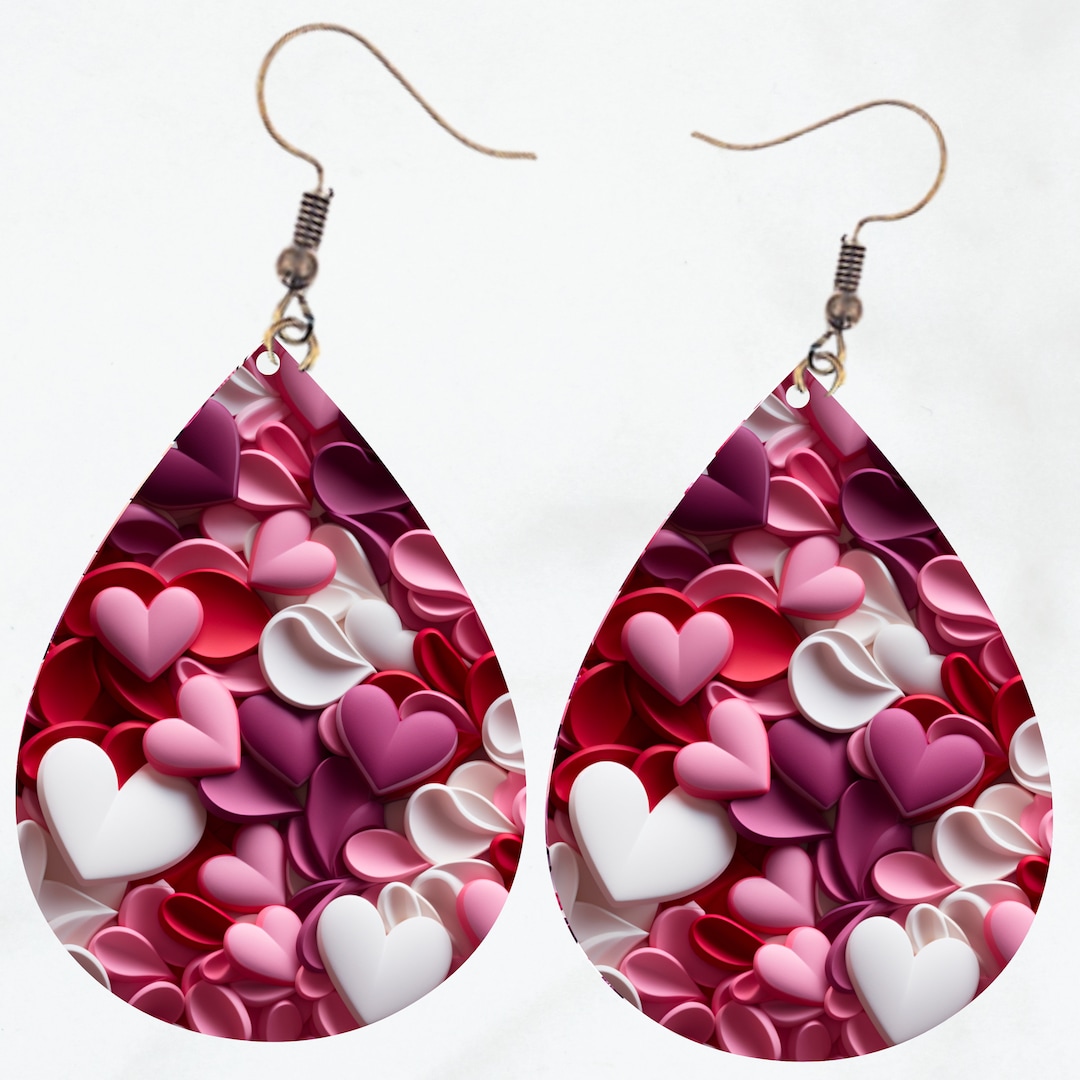 3D Valentine's Day Heart Tear Drop Earrings PNG Sublimation Designs ...