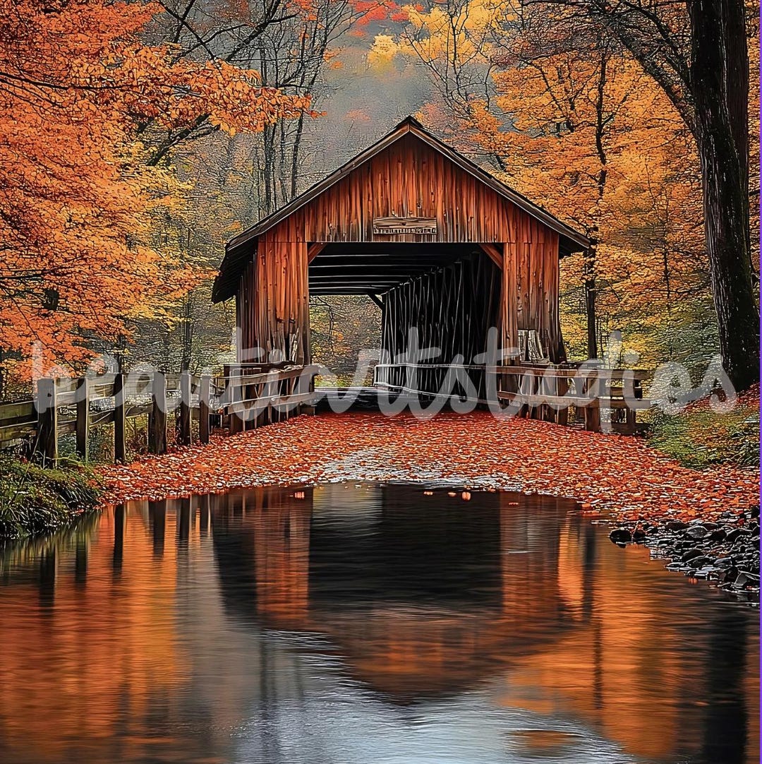 Red Covered Bridge Fall Scene PNG File Sublimation Crafting Digital ...