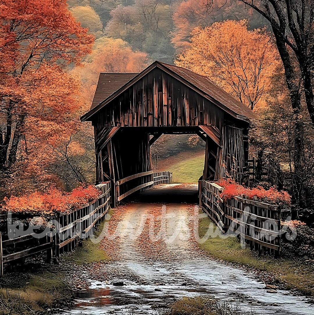 Autumn Covered Bridge Art Print Fall Foliage Decor Rustic Nature ...