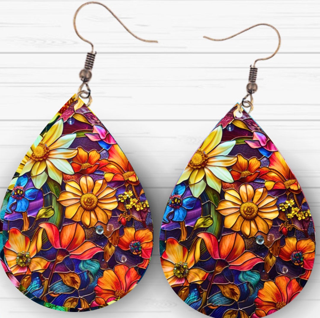 Stained Glass Floral Teardrop Earrings Sublimation PNG Earing Mockup ...