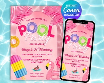 Pink Pool Party Birthday Invite - Etsy