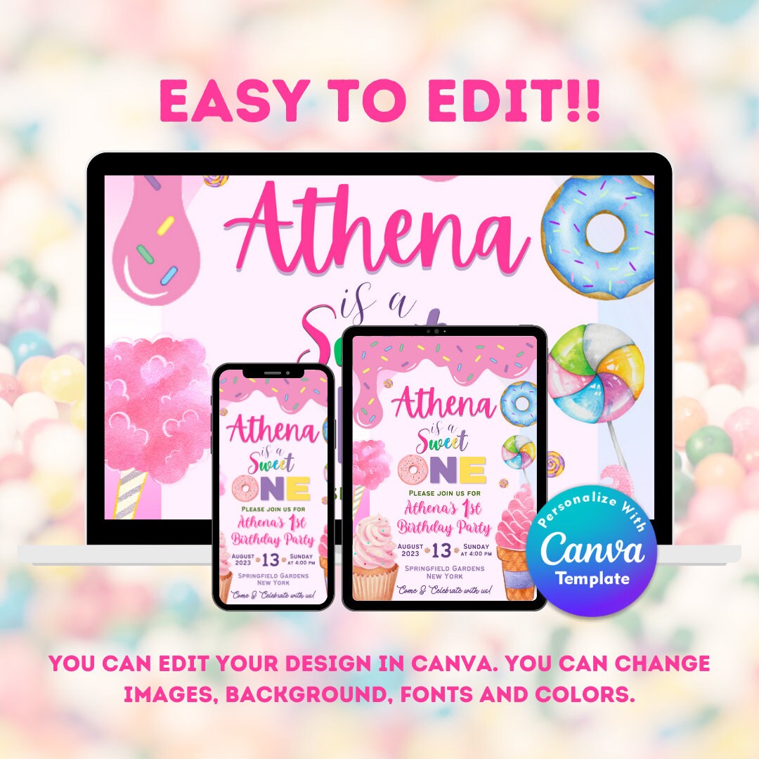 Sweet One Candyland Birthday Invitation, Pink Candy (digital Download ...