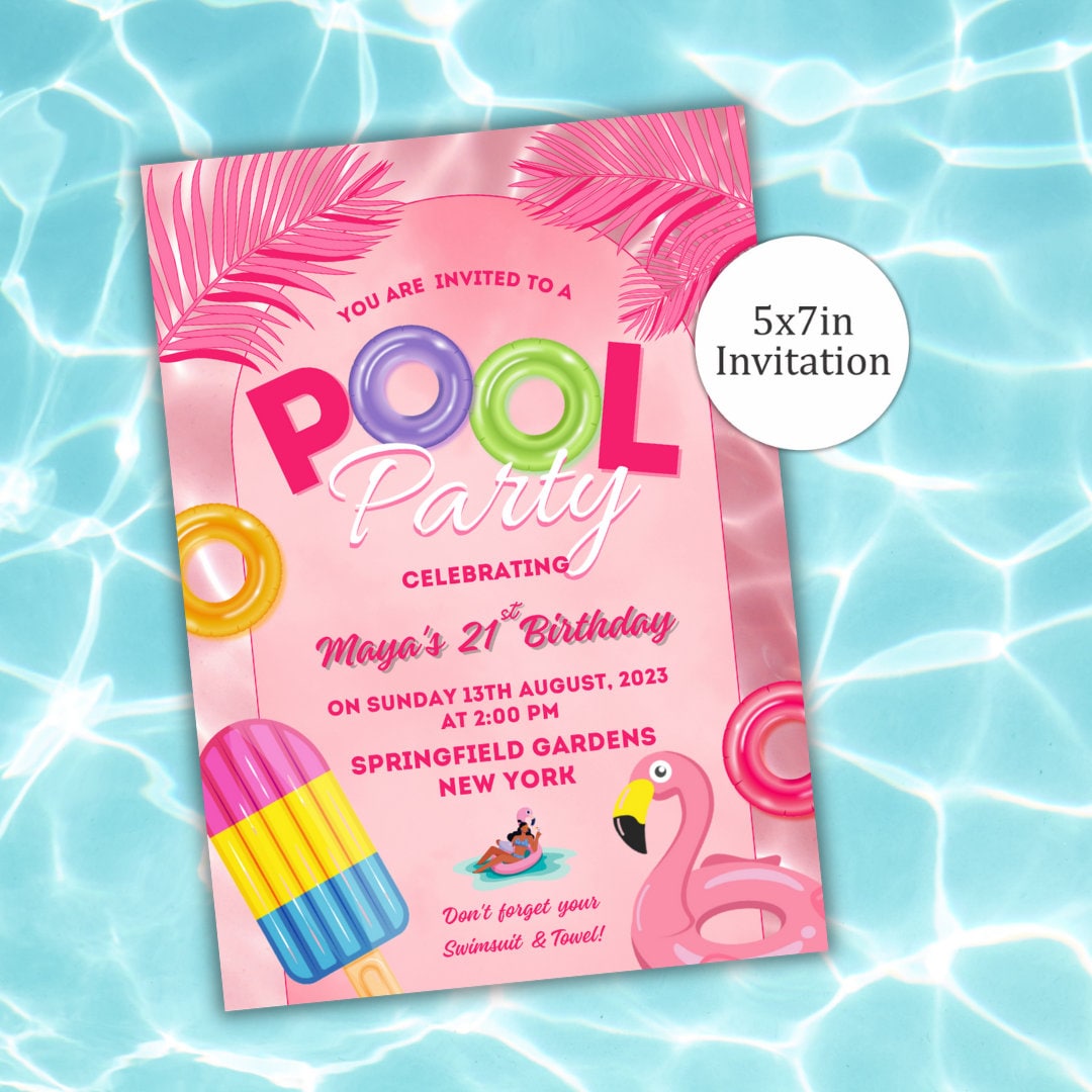 Pink Pool Party Invite, Birthday Invitation, Pool Invitation, Party ...