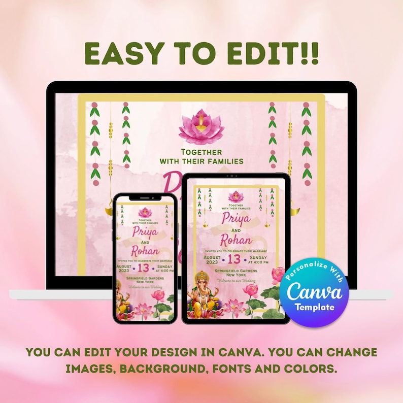 Editable Pink Lotus Flower Wedding Invitation, Lotus Wedding Invitation ...