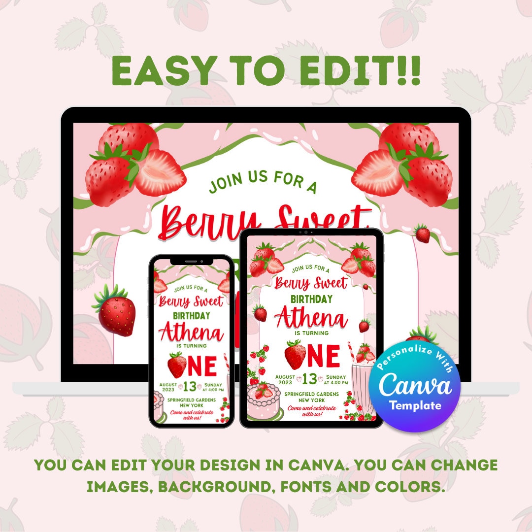 Berry Sweet Birthday Party Invite, Birthday Invitation, Strawberry ...