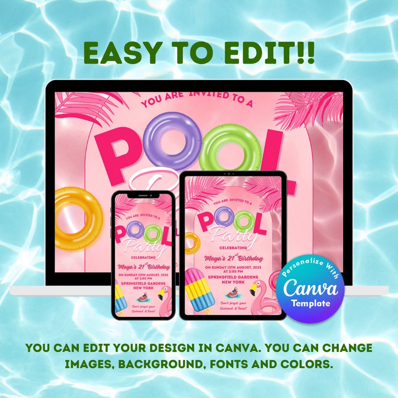 Pink Pool Party Invite, Birthday Invitation, Pool Invitation, Party ...