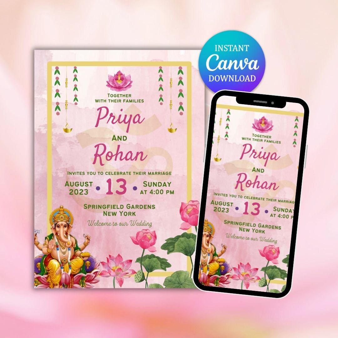 Editable Pink Lotus Flower Wedding Invitation, Lotus Wedding Invitation ...