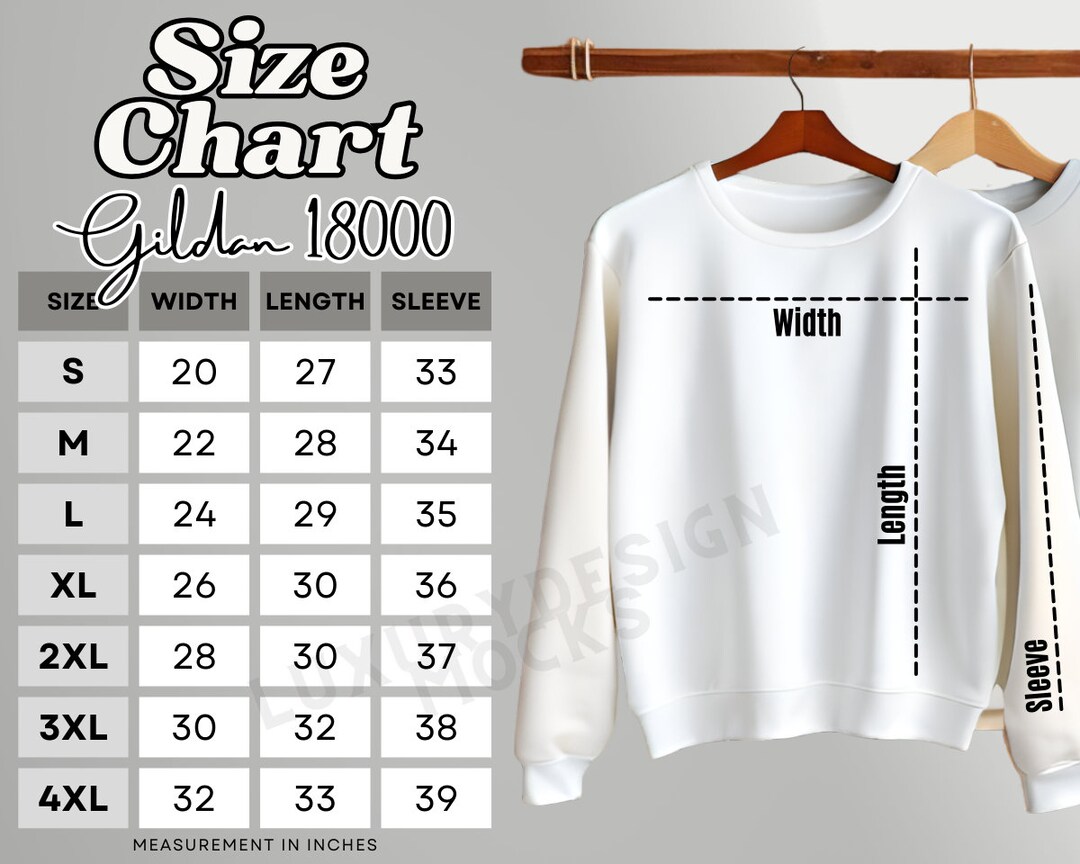 Gildan 18000 Size Chart | Sweatshirt Sizes Guide Mockup | S-4XL ...