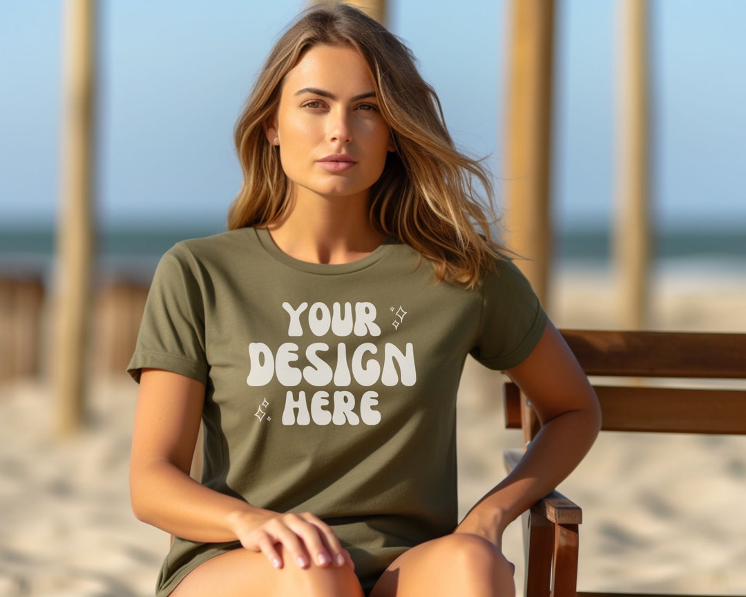 Gildan 5000 Mockup Gildan Olive Green T-shirt Beach Mockups Female ...