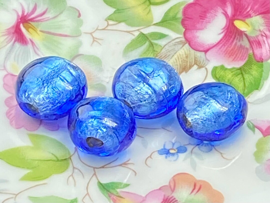Lentil Shape Murano / Venetian Glass Sapphire Blue & Silver Core Glass ...