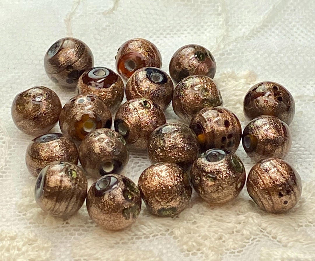 7.5mm Vintage Translucent Amber & Aventurine Venetian Glass Beads , 5 ...