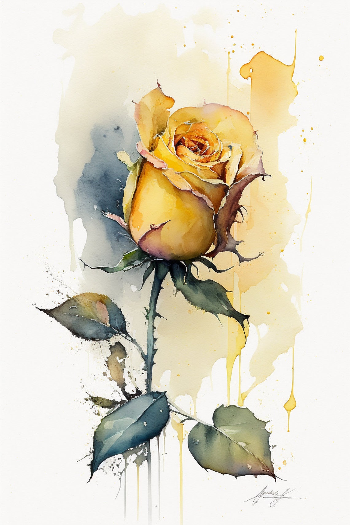 Yellow Rose Watercolor Art Print, Printable Floral Wall Art, Nursery ...