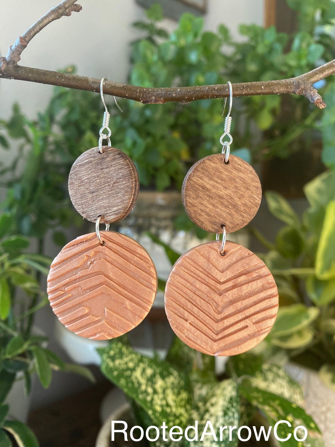 Copper Colored Circle Chevron Polymer Clay and Wood Earrings - Etsy