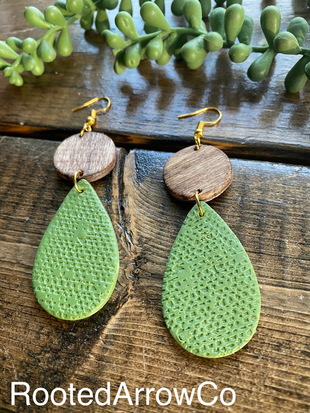 Teardrop Olive Green Textured Polymer Clay and Wood Earrings - Etsy
