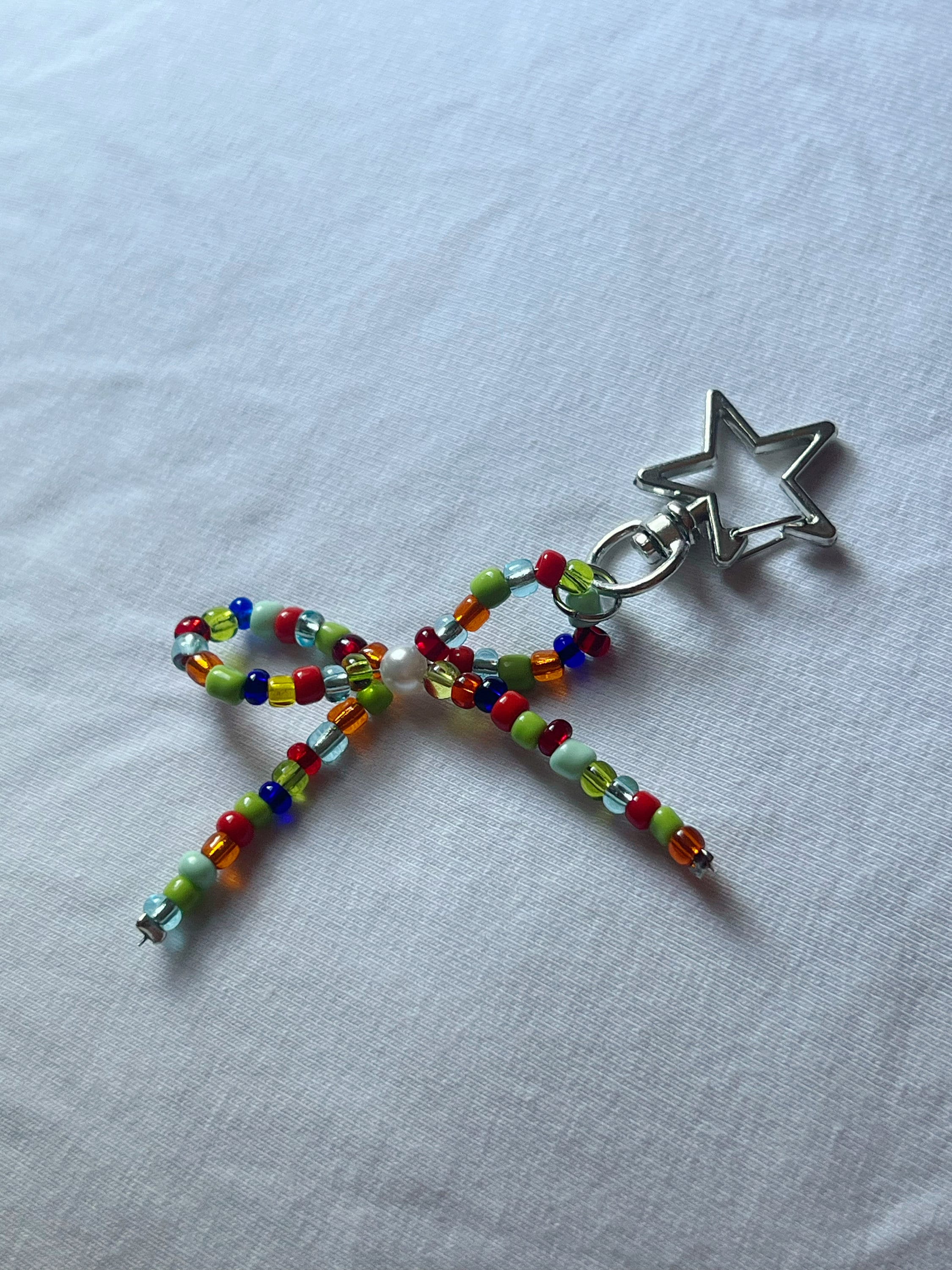 Beaded Rainbow Bow Keychain Silver Star Carabiner and Rainbow Seed ...