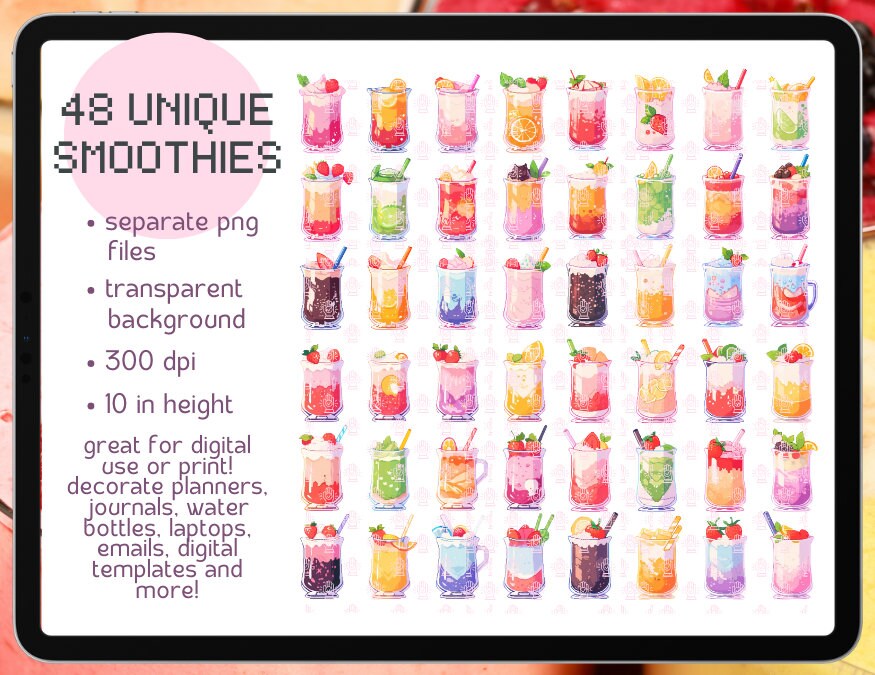 Pixel Smoothies Digital Sticker Pack - 48 Unique and Colorful Smoothie ...