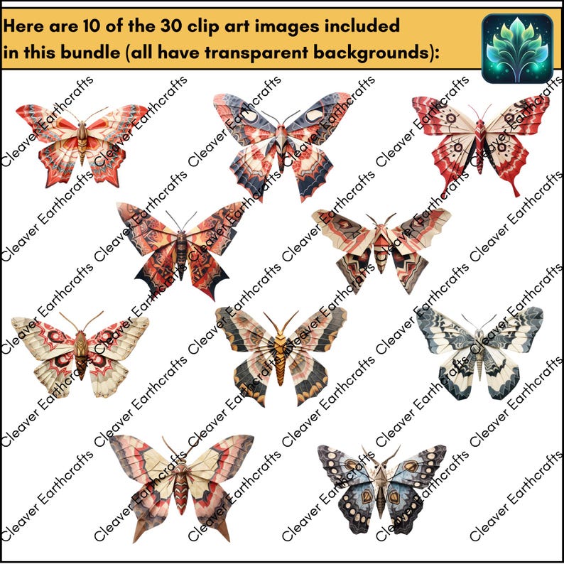 Origami Moth Digital Clipart Pack, Paper Folding SVG Clip Art, Brightly ...