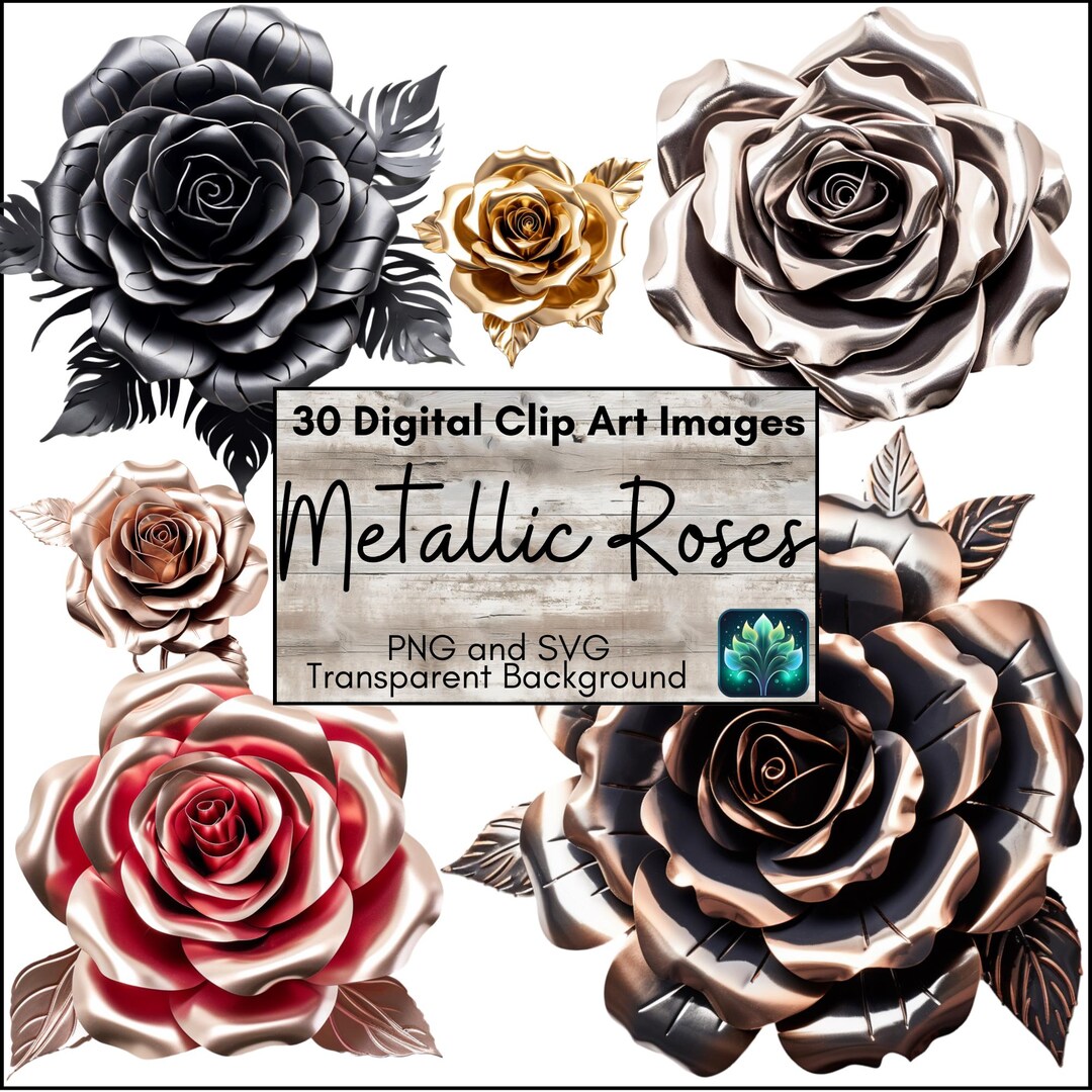 Metal Roses Digital Clipart Pack, Realistic Texture Metallic PNG and ...