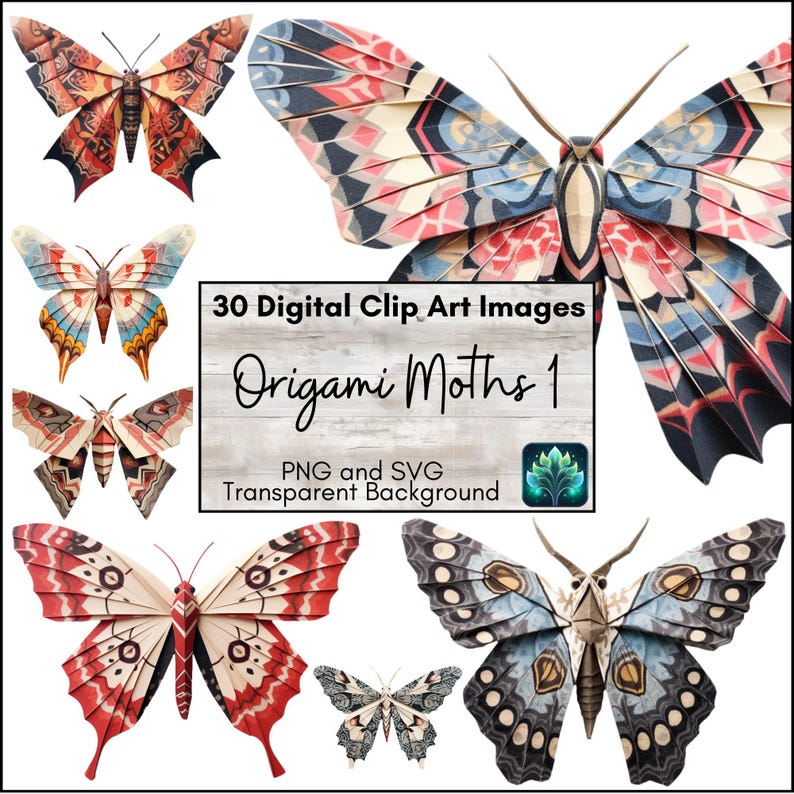 Origami Moth Digital Clipart Pack, Paper Folding SVG Clip Art, Brightly ...