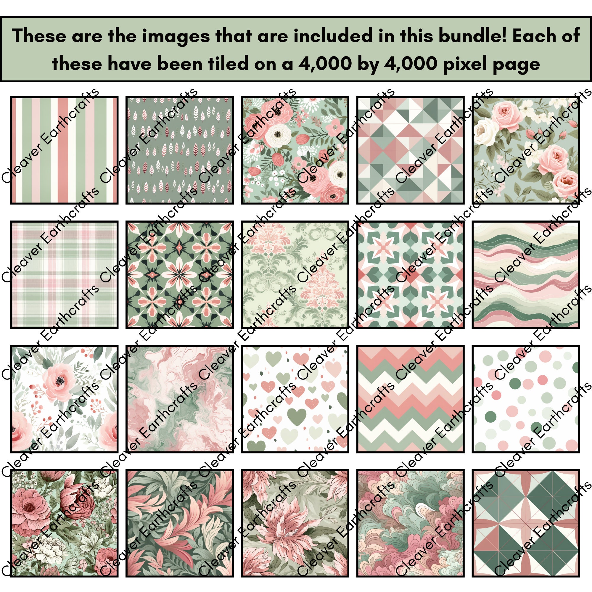 Digital Paper Pack Sage Green and Dusty Pink, Repeating Pattern ...