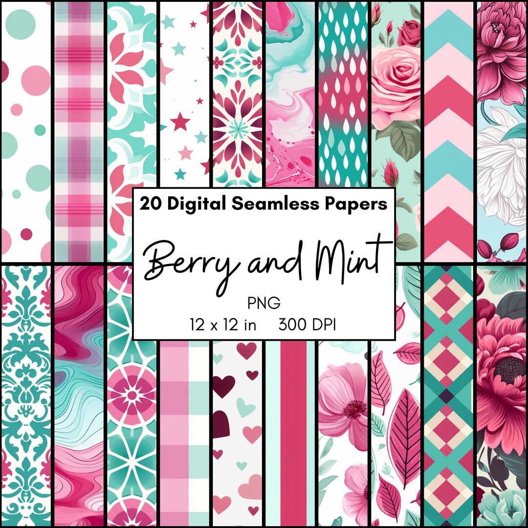 Berry and Mint Digital Paper Pack, Seamless Repeating Wallpaper ...