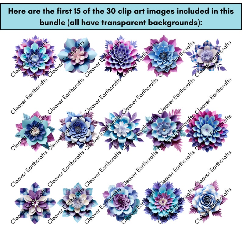 Blue and Purple 3D Floral Clipart, Cute Clip Art Flowers for Digital ...