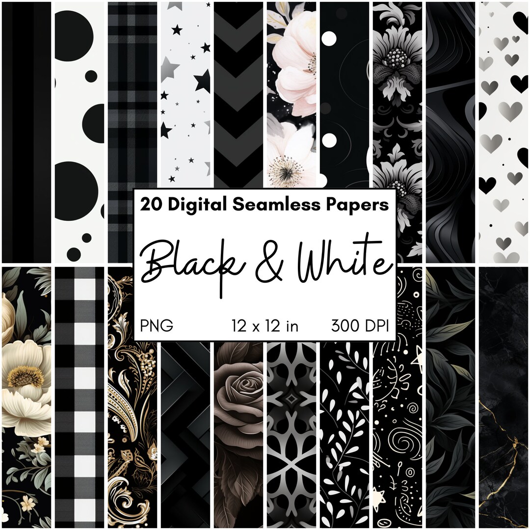 Black and White Digital Paper Pack, Seamless Repeating Pattern Computer ...