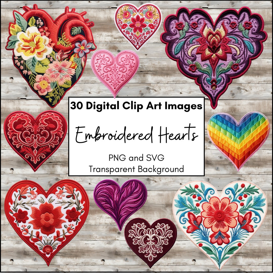 Embroidered Hearts Digital Clipart Pack, Realistic Needlecraft Texture ...