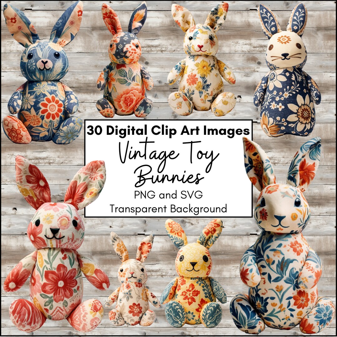 Vintage Batik Bunny Digital Clip Art Set, Floral Easter Stuffed Toy ...