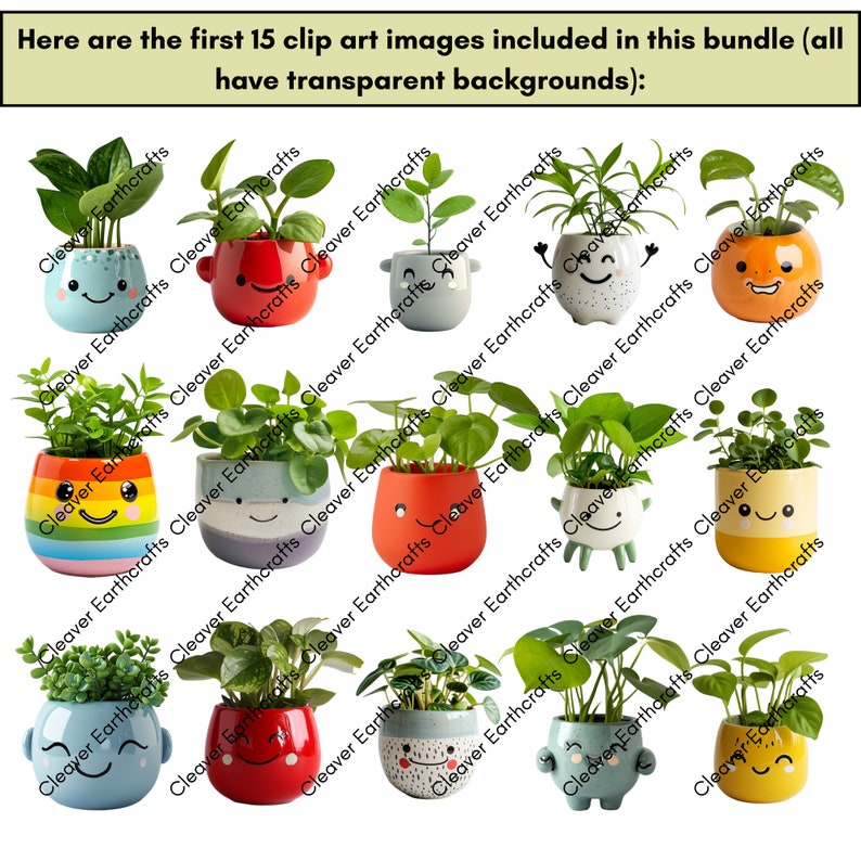 Cute Colorful Kawaii Houseplant Pots Digital Clipart Printable PNG and ...