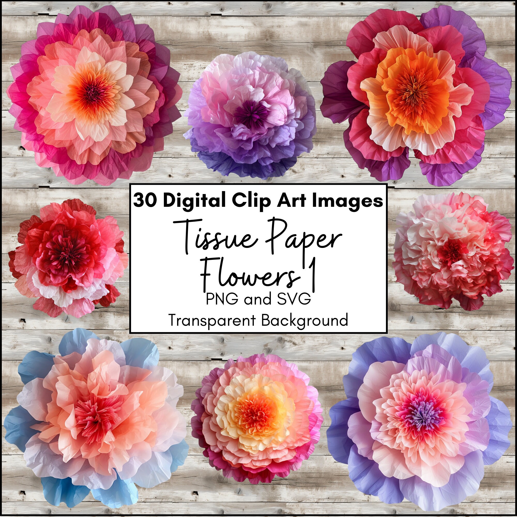Large Tissue Paper Flowers Digital Clip Art Set, Realistic Large Cute ...