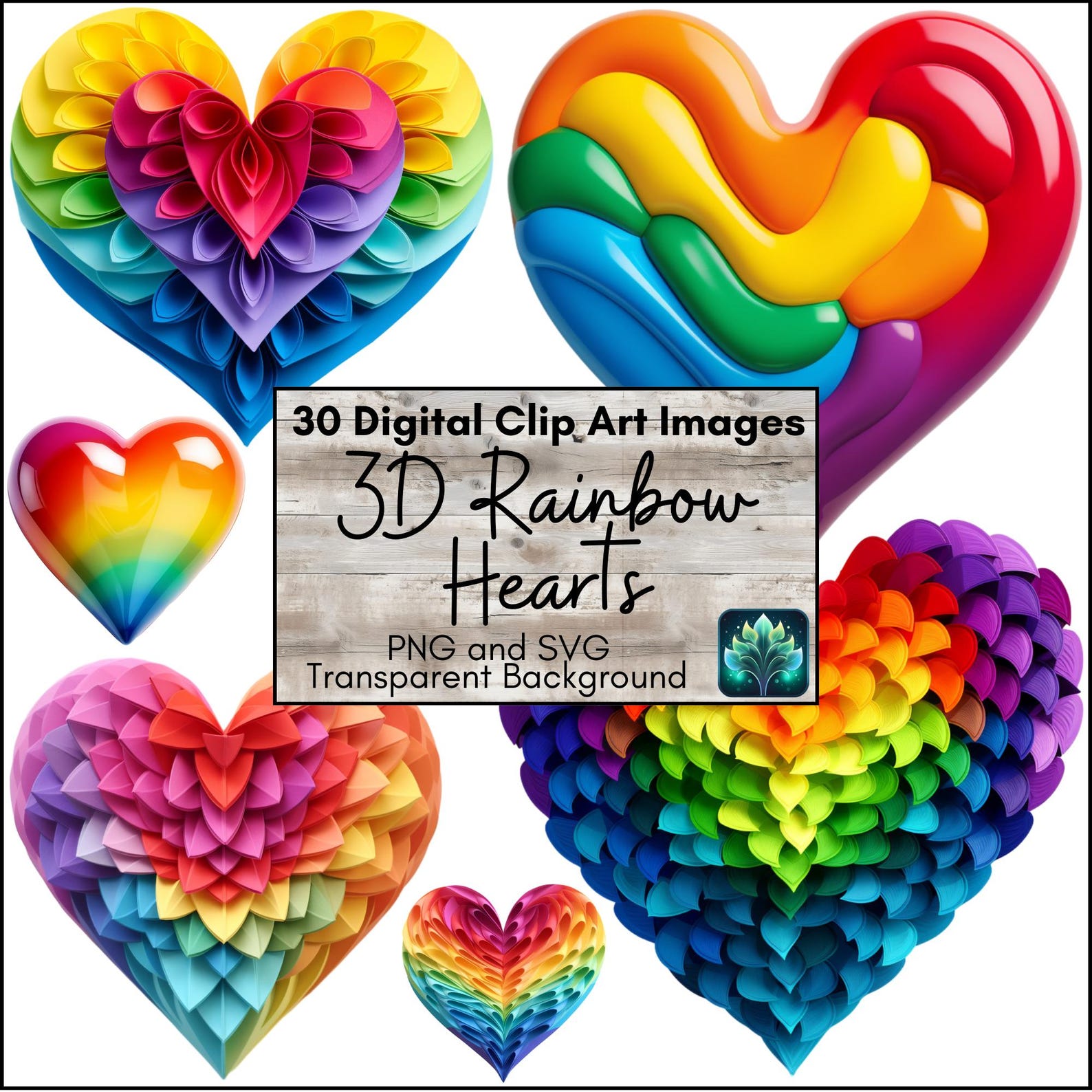3D Rainbow Heart Digital Clip Art, Realistic Textures Puffy Hearts ...
