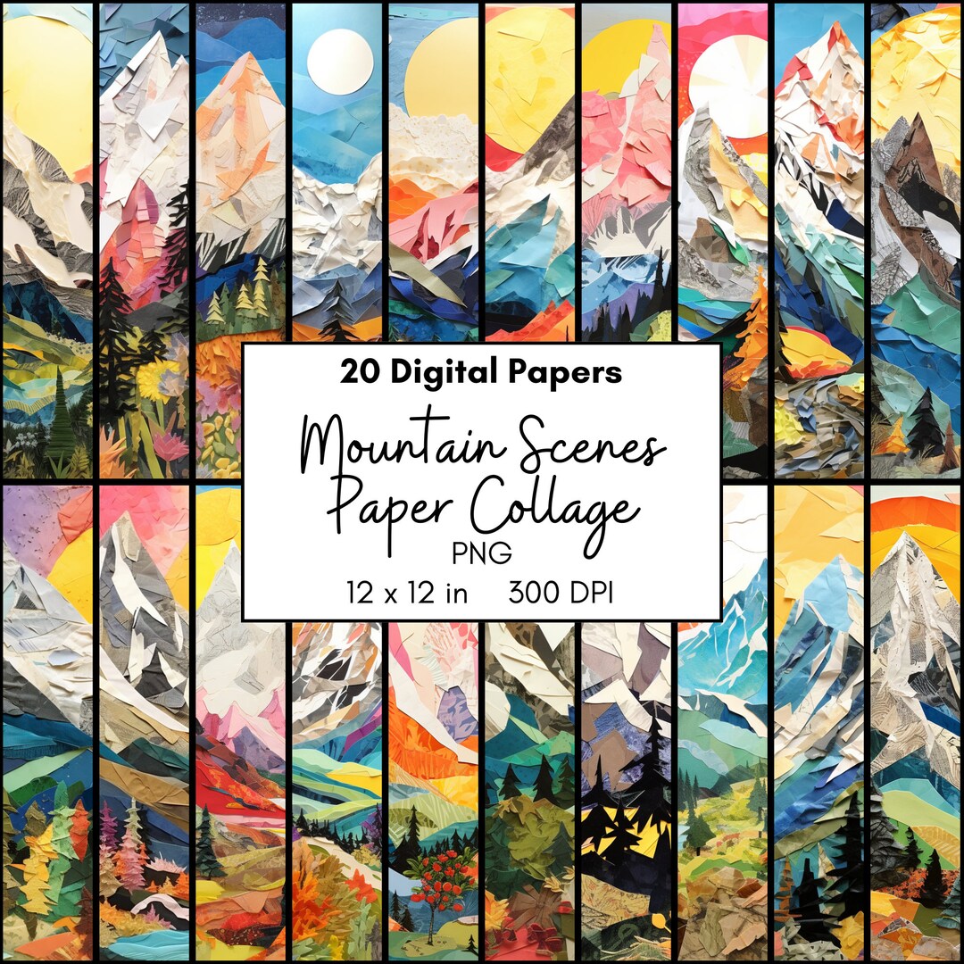Painted Mountain Torn Paper Collage Digital Paper Pack, Western ...