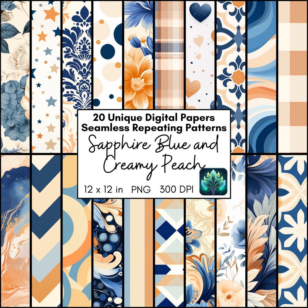 Sapphire Blue and Peach Digital Paper Pack, Seamless Repeating Pattern ...