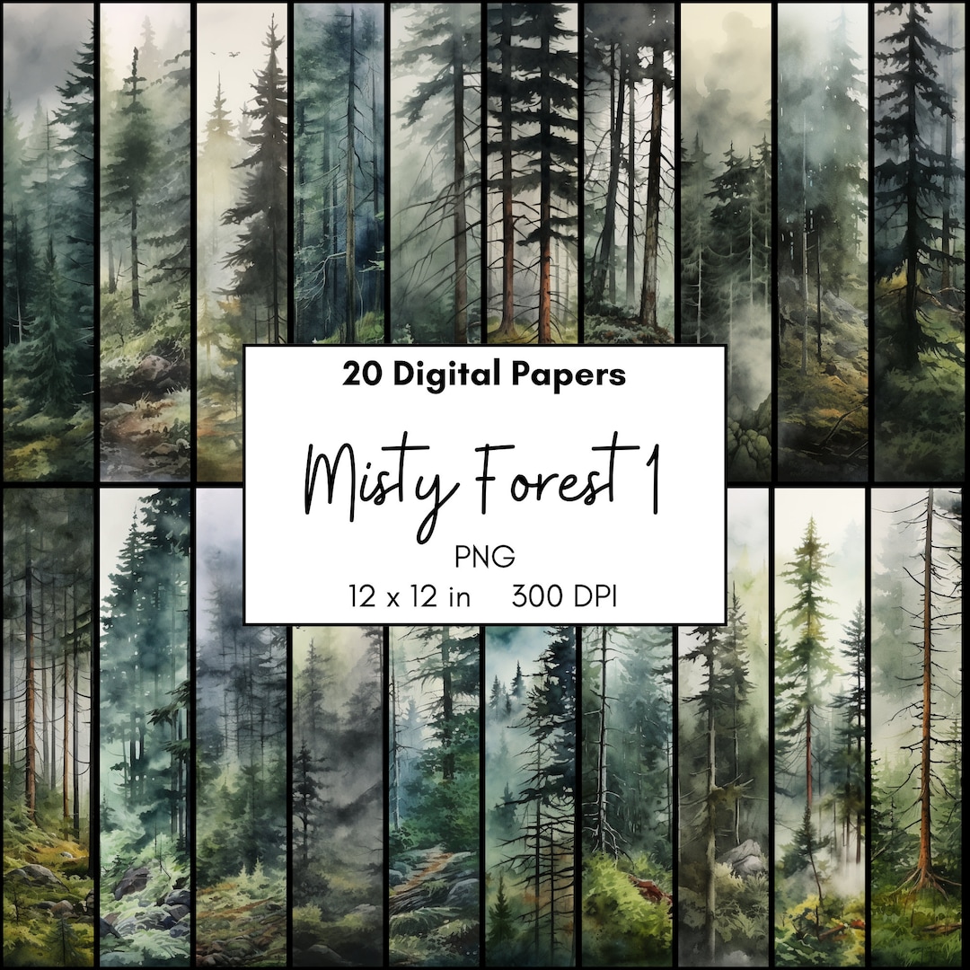 Misty Forest Watercolor, Landscape Image, 12x12 Digital Paper ...