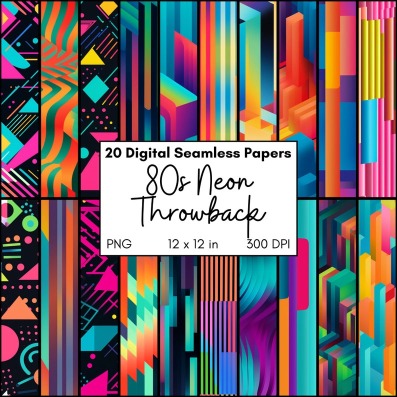 Neon Digital Paper, 80s Pop Culture Retro Neon Geometric Art ...