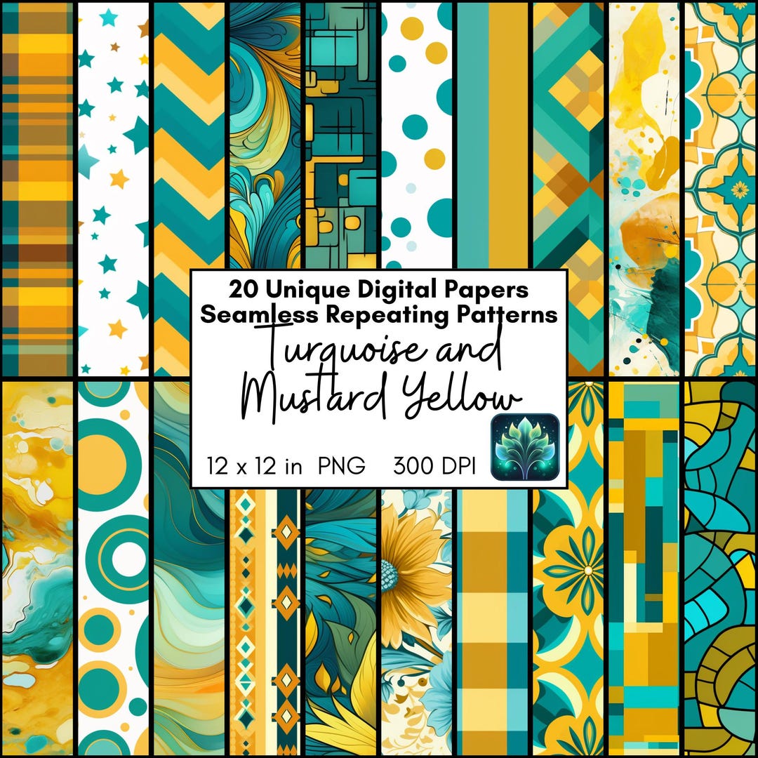 Turquoise & Mustard Yellow Digital Paper: Seamless Patterns (PNG) - Etsy