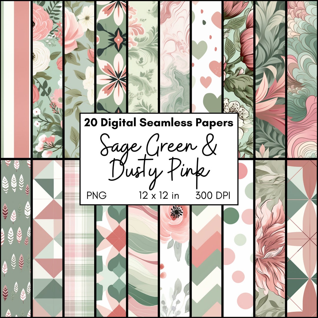 Digital Paper Pack Sage Green and Dusty Pink, Repeating Pattern ...