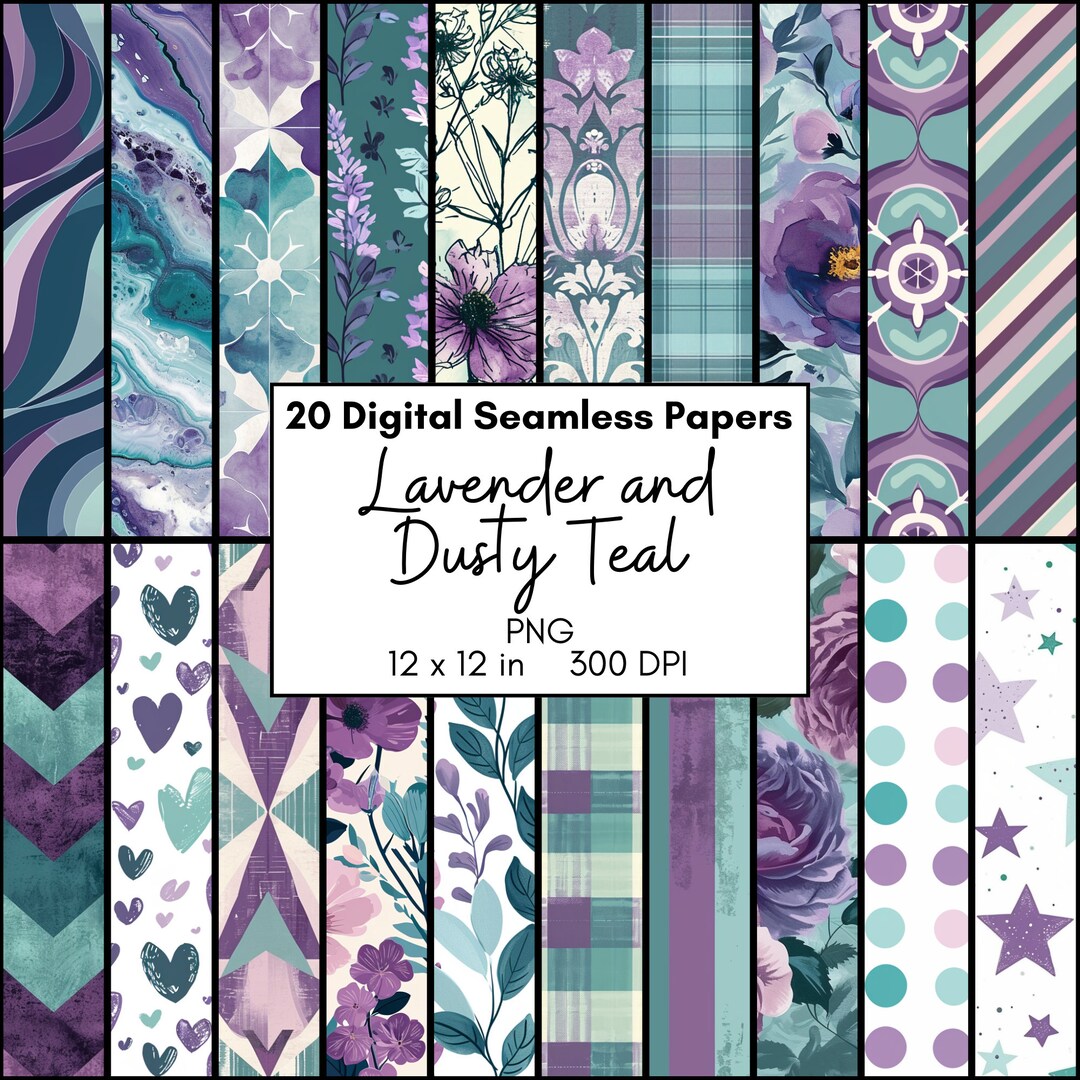 Lavender and Teal Digital Paper Pack, Floral Stripe Patterns (PDF ...