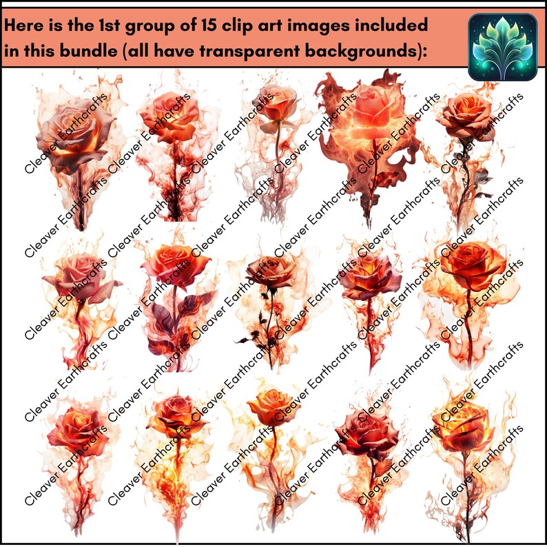 Fire Roses Digital Clip Art Pack, PNG and SVG Clipart for Scrapbook ...