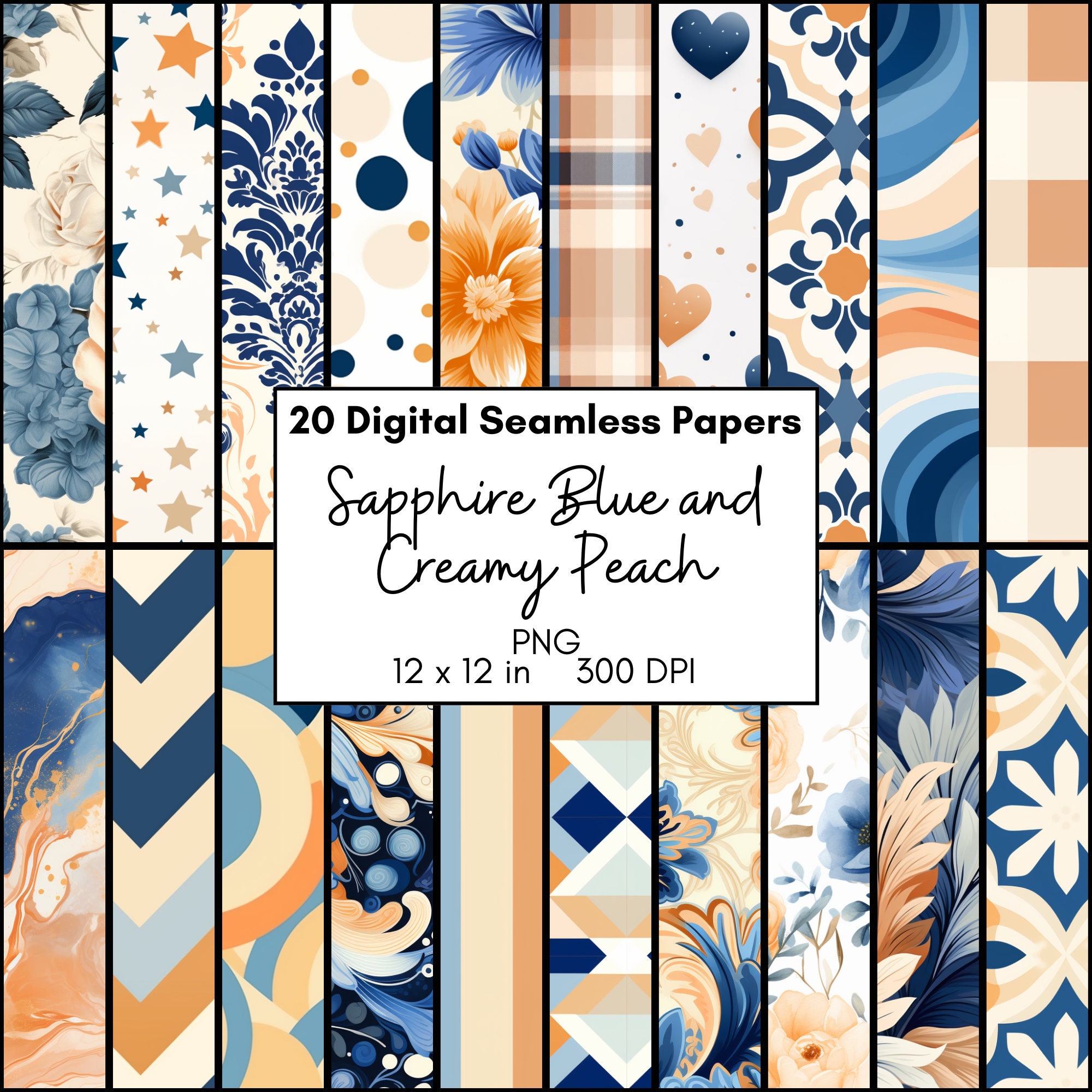 Sapphire Blue and Peach Digital Paper Pack, Seamless Repeating Pattern ...