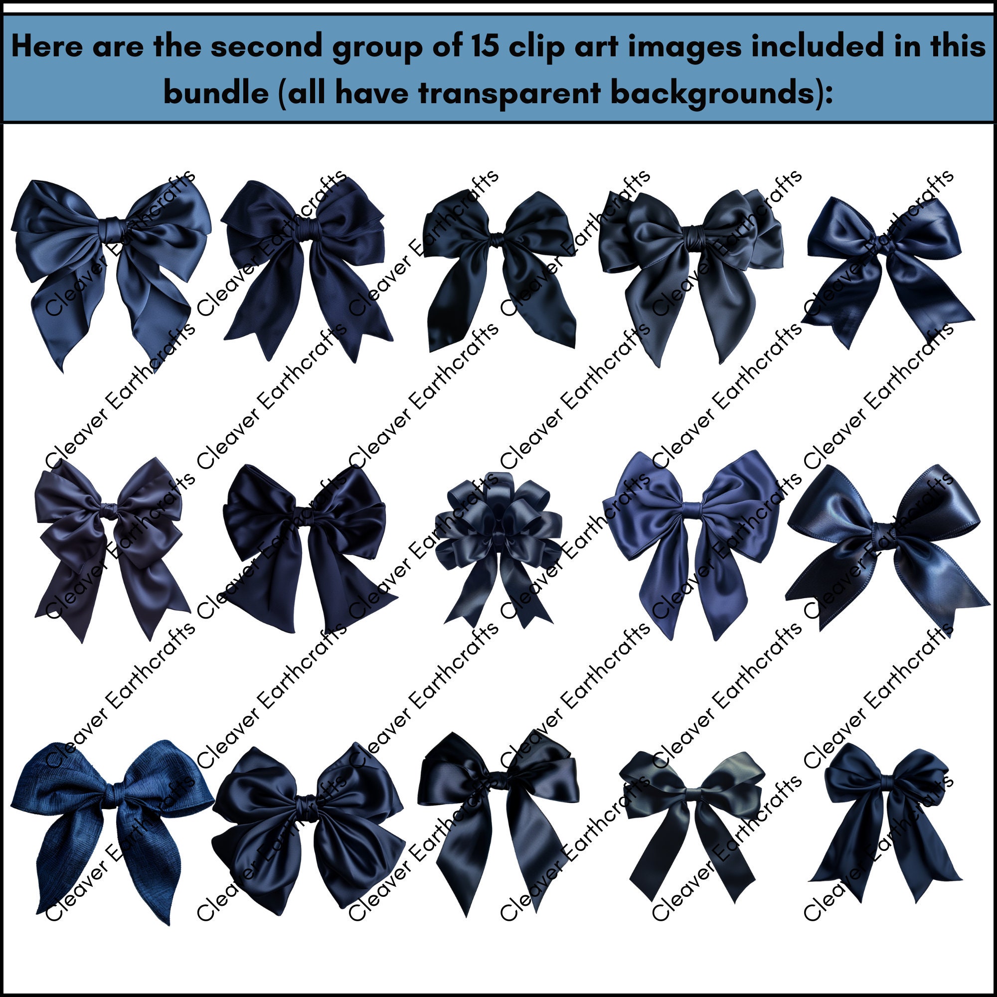 Navy Blue Ribbon Bows Digital Clip Art Set Printable PNG & SVG Files ...