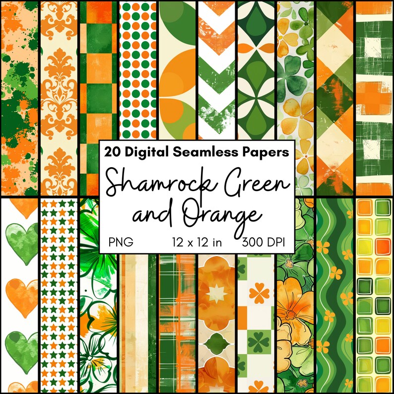 Digital Paper Pack Shamrock Green & Orange, Seamless Repeating Pattern ...