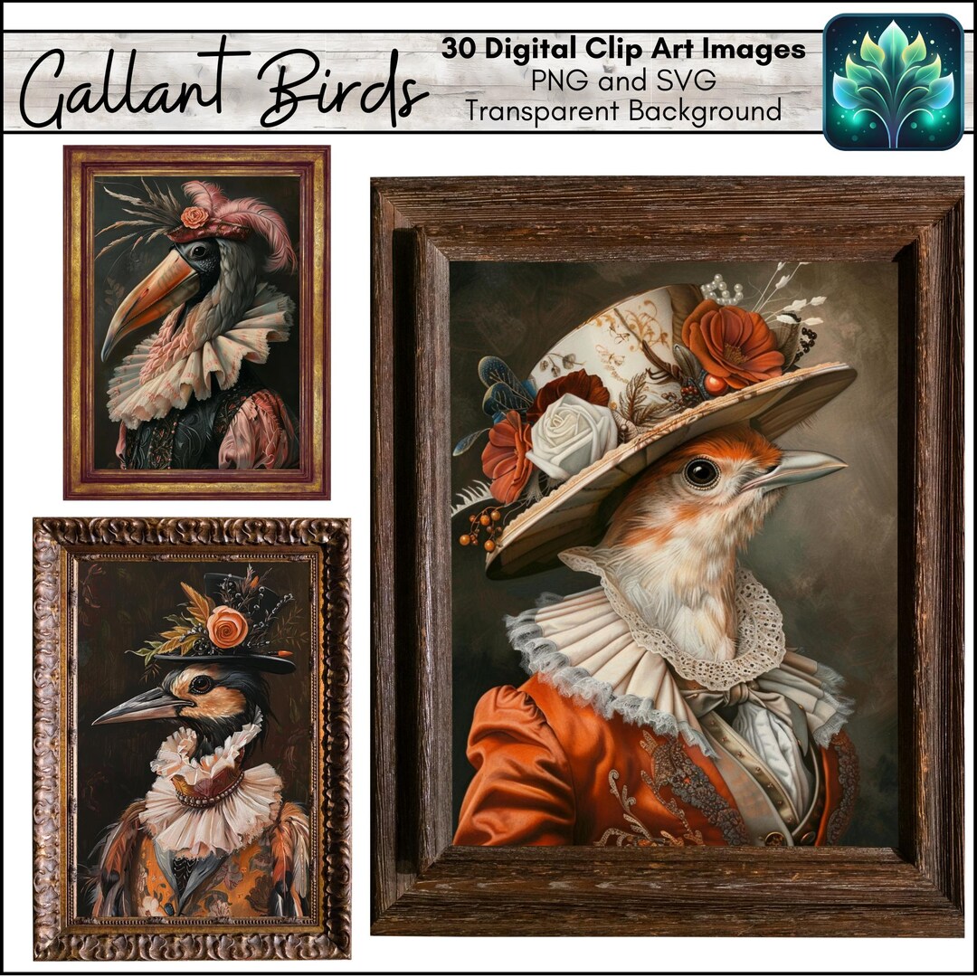 Gallant Birds Victorian Oil Painting Digital Clip Art Miniature Fancy ...