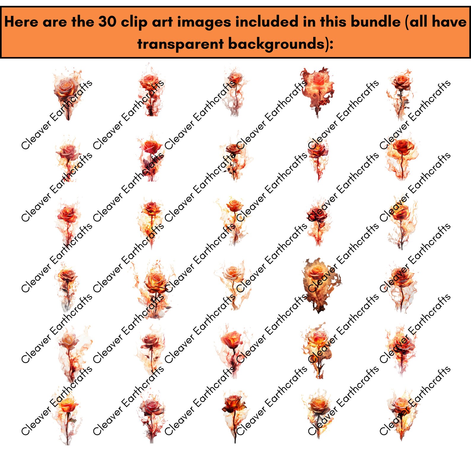 Fire Roses Digital Clip Art Pack, PNG and SVG Clipart for Scrapbook ...