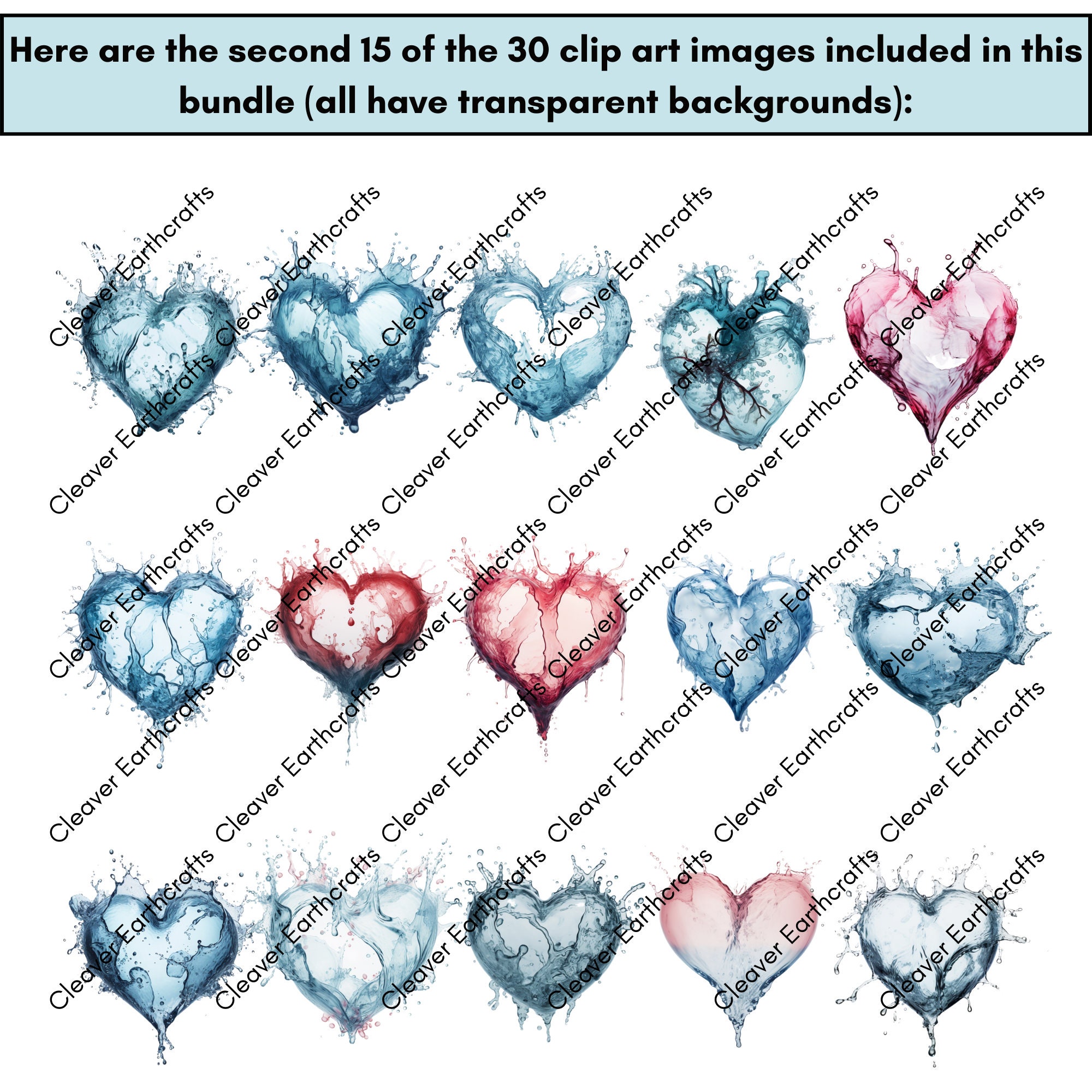 Water Hearts Digital Clipart Files, Valentine Clip Art Bundle, Dyed ...