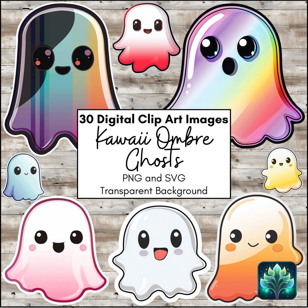Kawaii Ombre Ghost Clipart: Halloween Cartoon Spirits (PNG & SVG ...