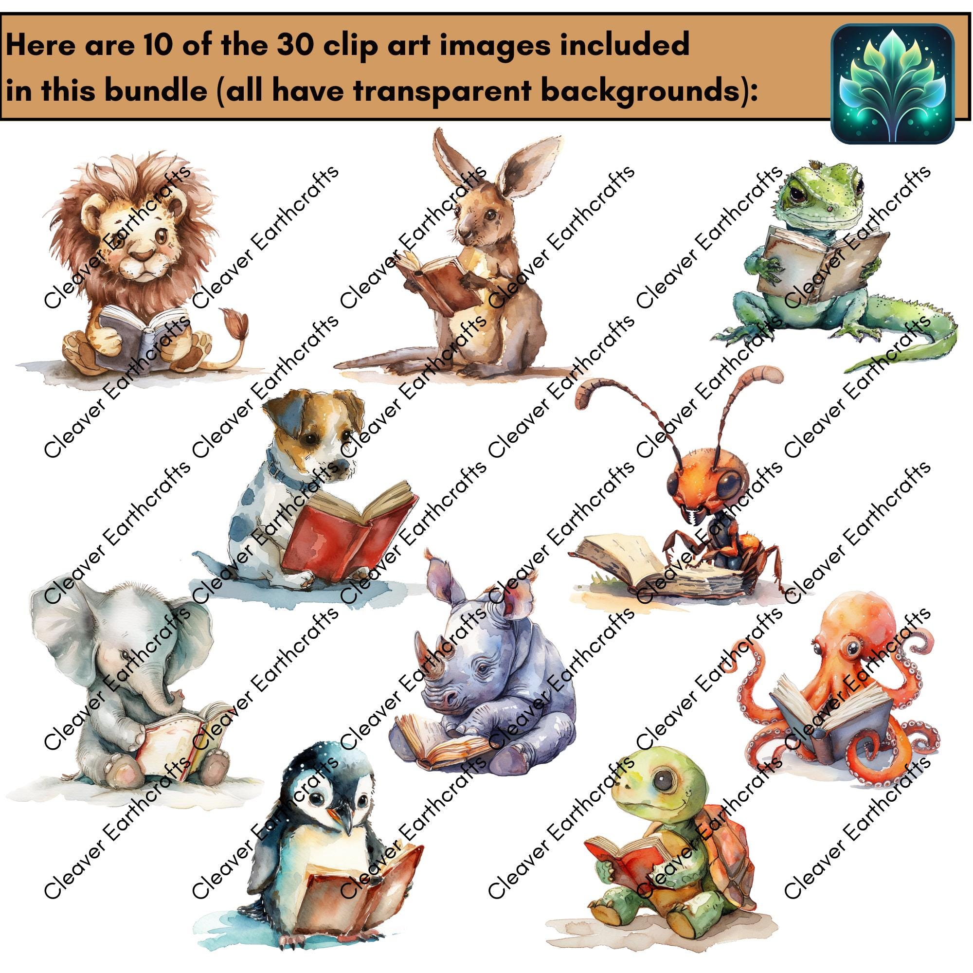 Digital Clip Art Bundle, National Reading Month Cute Watercolor Animal ...