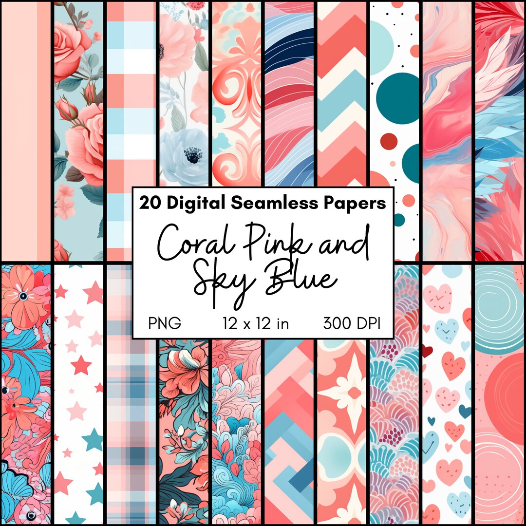 Digital Paper Set Coral Pink and Sky Blue Repeating Pattern, Seamless ...